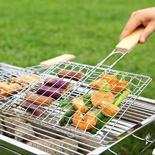 Stainless Steel Big Size BBQ Grill Net with Wooden Handle - fixit.com.bd
